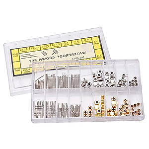 Watch Crown and Stem Set, Stainless Steel Watch Crown Spring Spare Parts Assorted Kit Watch Repair Tool Replacement Accessories with Storage Box, for Watchmaker Watch Repairing