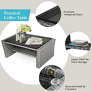 Tangkula 4 Pieces Patio Furniture Set, All Weather Outdoor Sectional Rattan Sofa Set with Cushions & Tempered Glass Table, Wicker Conversation Couch Set for Backyard Garden Poolside (Turquoise)