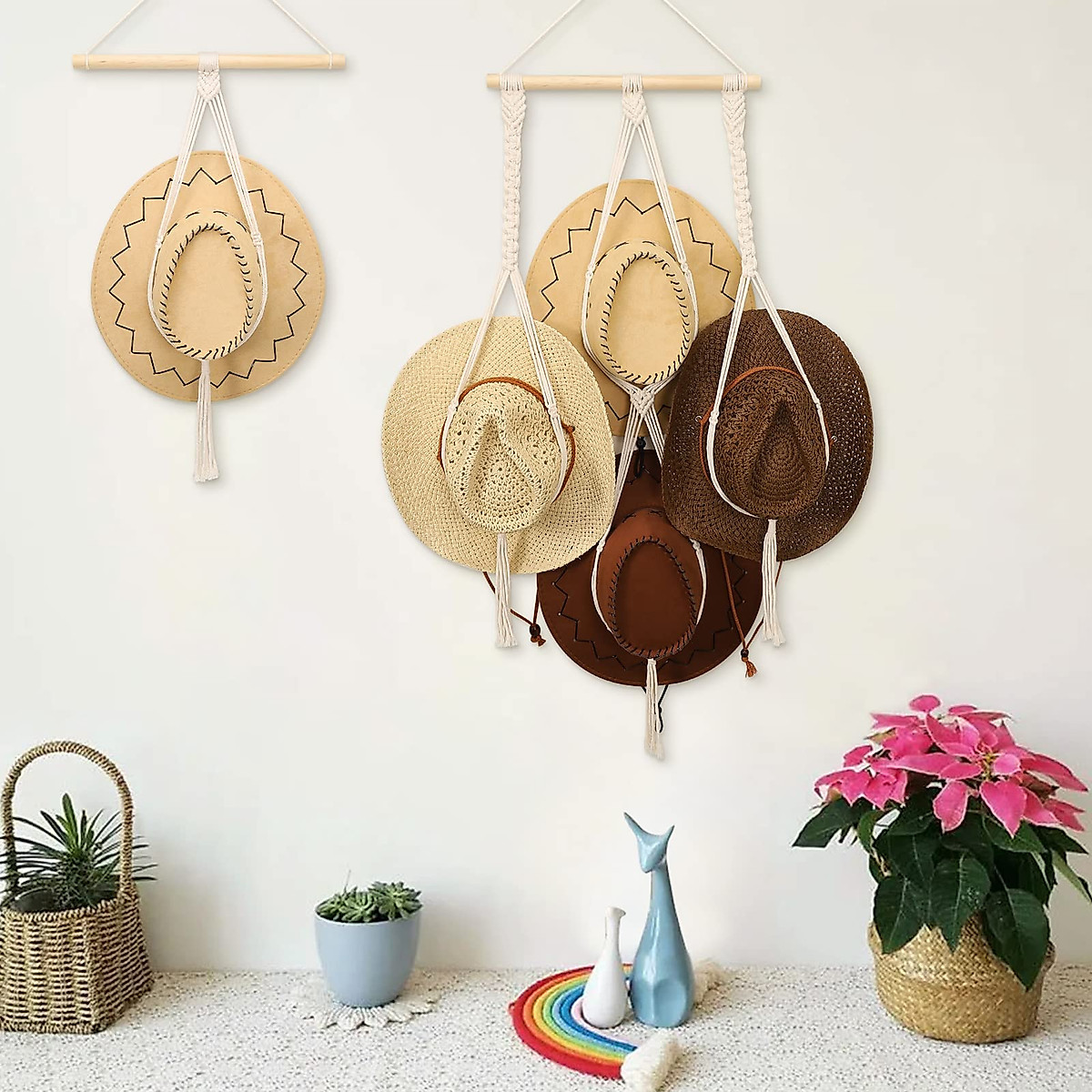 ZYP Macrame Hat Hangers Boho Hat Rack for Wall Hat Holder Display Organizer Bobo Hanging Hat Organizer Storage for Wide Brim Hats