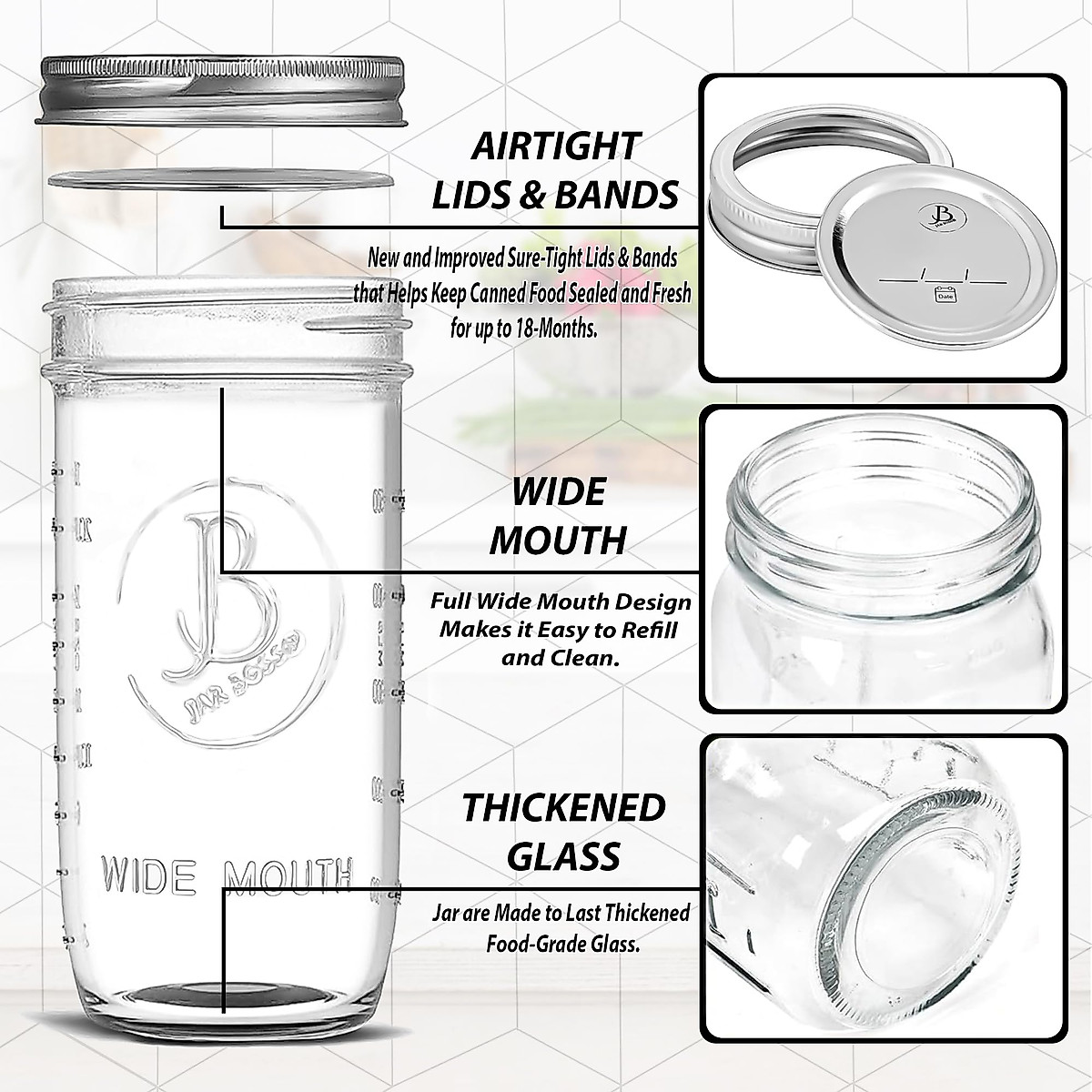 Wide Mouth Mason Jars 24 oz - (2 Pack) - Clear Glass Pint and a Half Mason Jars With Airtight Lids and Bands. For Storage, Canning, Fermenting, Cold Brew Coffee, Freezing, Microwave & Dishwasher Safe