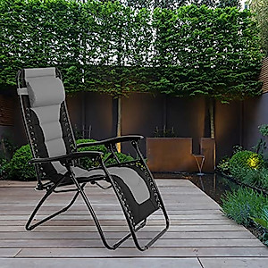 HERA'S PALACE Outdoor Folding Reclining Lawn Chair, Adjustable Zero Gravity Lounge Chair XL with Pillow and Cup Holder for Indoor, Patio, Support 300lbs (Gray & Black)
