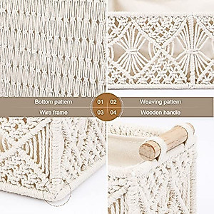 ANMINY 5PCS Macrame Storage Baskets Set Handmade Woven Cotton Rope Storage Bins Decor Boho Nursery Boxes with Wood Handles Removable Washable Linen Liner Countertop Toilet Tank Shelf Cabinet Organizer