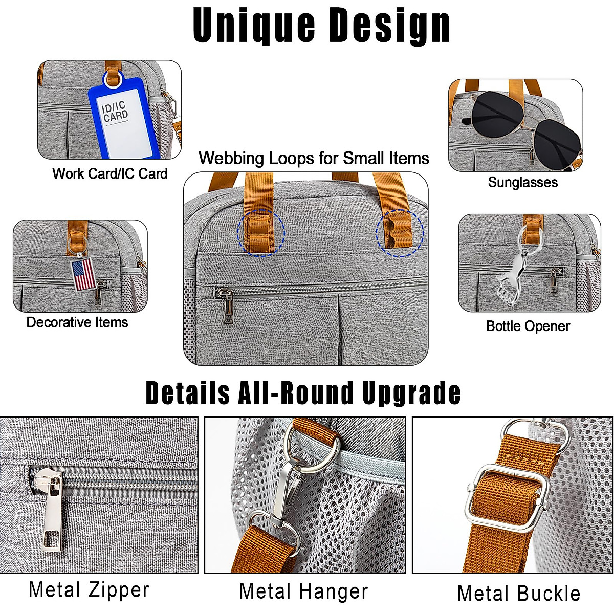 HSHPX Lunch Bag Women Insulated Adult Lunch Box Large Reusable Lunch Tote with Webbing Loop Cute Portable Lunch Cooler with Adjustable Shoulder Strap for Work Office Picnic (Gray)