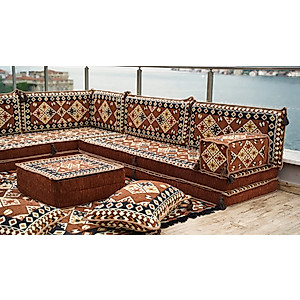 Brown Livingroom Cushions, 8" Thickness Corner Floor Seating Set, L Shaped Floor Couch, Sectional Sofa Set, Floor Pillows, Arabic Majlis, Sofa Bed (L Sofa Full Set)