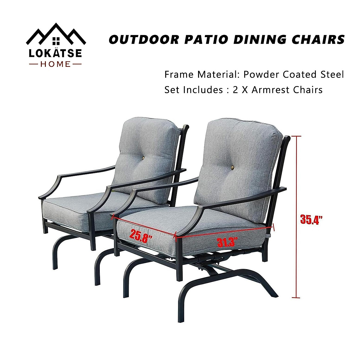 LOKATSE HOME 2 Pieces Outdoor Conversation Furniture Patio Bistro Armchair Set Metal Single Dining Cushion, 2 Chairs, Grey