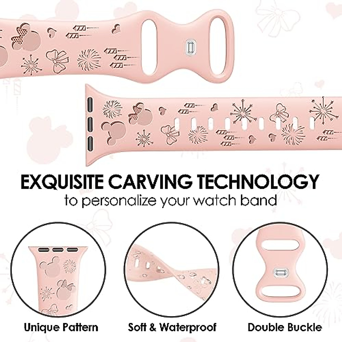 Seizehe 3 Pack Cartoon Engraved Bands Compatible with Apple Watch Band 38mm 40mm 41mm 42mm 44mm 45mm Women, Soft Silicone Sport Strap Cute Wristband for iWatch Series 9/8/7/6/5/4/3/SE
