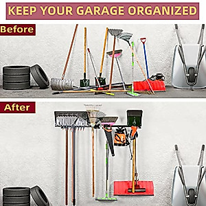 Nisorpa 9Pcs Garage Tool Storage Rack, Wall Mount Garden Tool Organizer Adjustable Tool Holder 48 Inch Storage System, Max Load 400 lbs for Trimmers, Broom, Mop, Rake Shovel, Hoses (6 Hooks, 3 Rails)