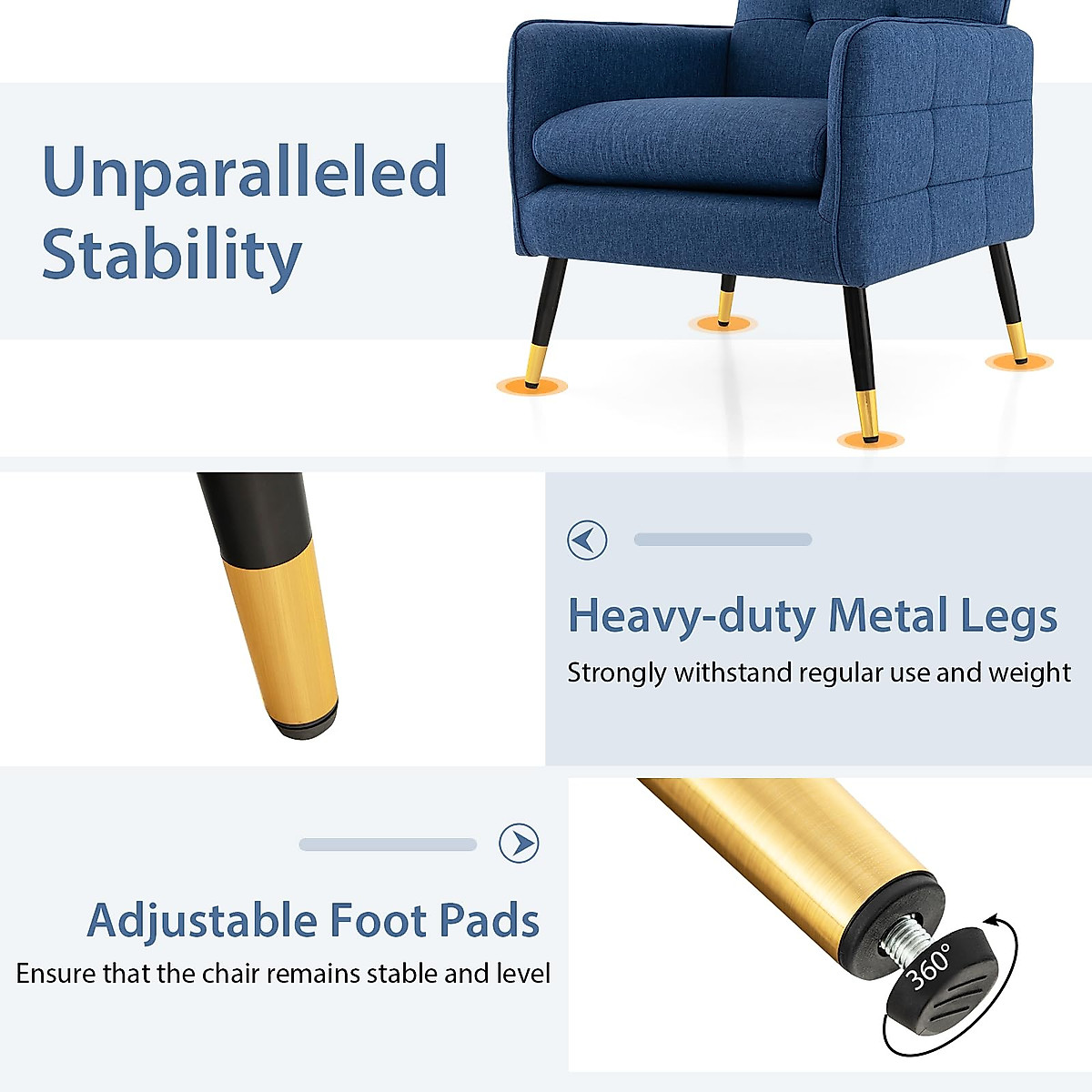 Giantex Modern Mid-Century Accent Chair - Upholstered Armchair with Tufted Back, Metal Legs, Adjustable Foot Pads, Linen Fabric Single Sofa Chair for Reading, Living Room Chair for Bedroom, Blue