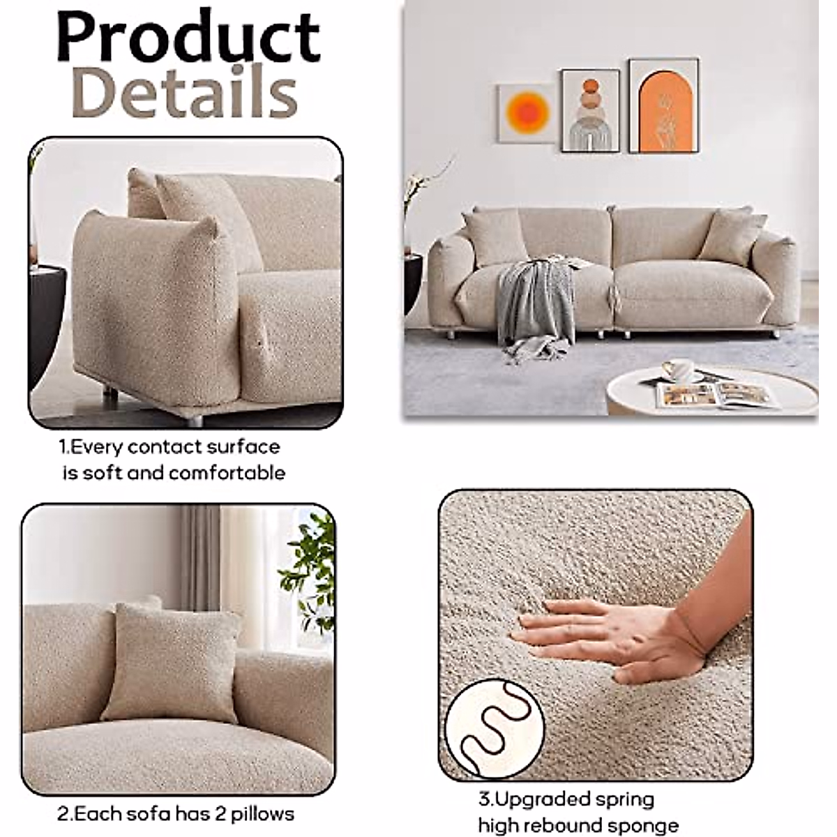 Hison Lambswool 3 Seat Cushion Couch 87'' Comfy Couch for Living Room deep seat Sofa with 2 Pillows (Camel)