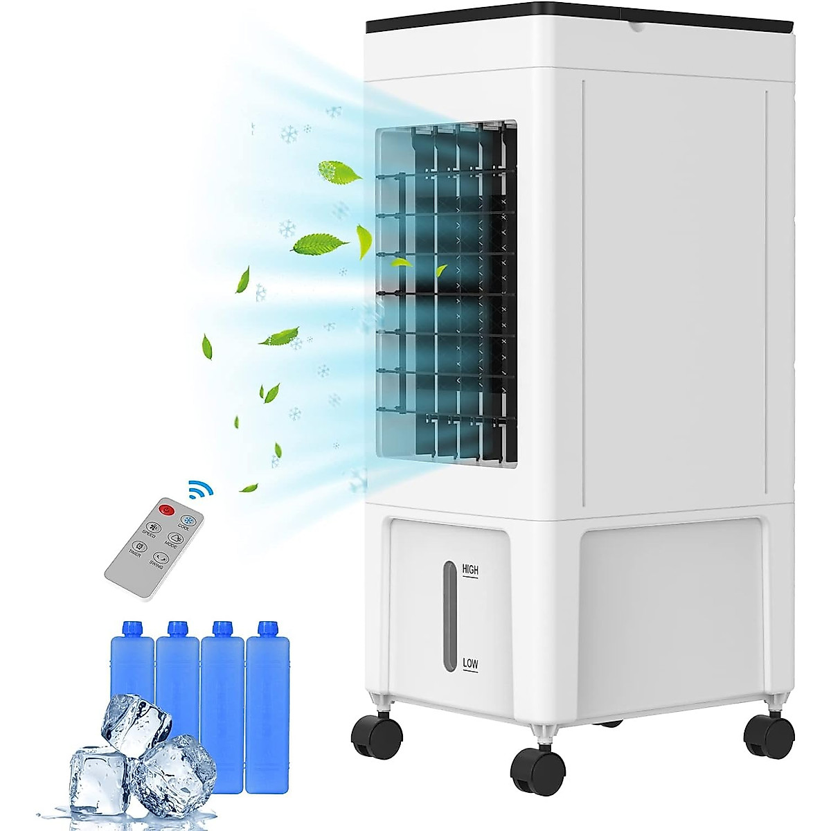 Cobuy Evaporative Air Cooler, 3-IN-1 Windowless Air Conditioner Portable, Swamp Cooler with 2 Gal Water Tank, Timer, 3 Speed, Remote, 4 Ice Packs, Cooling Fan for Room Home Office Indoor Use