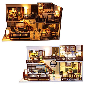 Dollhouse Miniature with Furniture DIY 3D Wooden Doll House Kit Cottage Traditional Yard Creative Room Best Gift for Children Frie (Shi Guang)