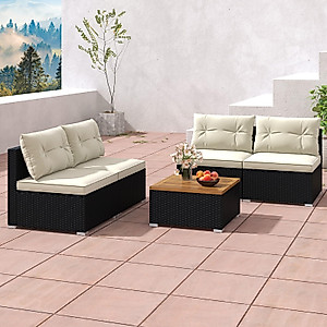 Tangkula 5 Piece Rattan Sofa Set, Patiojoy Outdoor Wicker Furniture Set with Seat & Back Cushions, Square Coffee Table, Patio Sectional Sofa Set for Backyard, Poolside, Garden