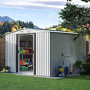 8 x 8 FT Outdoor Storage Shed, Galvanized Metal Sheds Outdoor Storage with Air Vent and Slide Door, Outdoor Storage Tool Garden Shed Bike Shed, Outdoor Shed for Backyard Patio Lawn