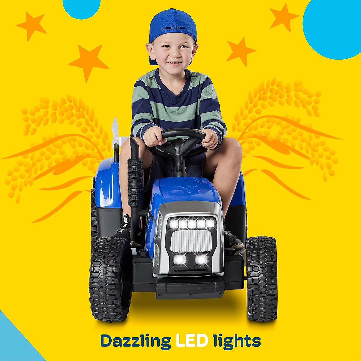 Kidzone 12V 7AH Premium Version with EVA Treaded Tires Dual 35W Motors Boost Power Torque Remote Control Powered Electric Tractor with Trailer Toddler Ride On Toy 3-Gear-Shift, 7-LED Lights, MP3
