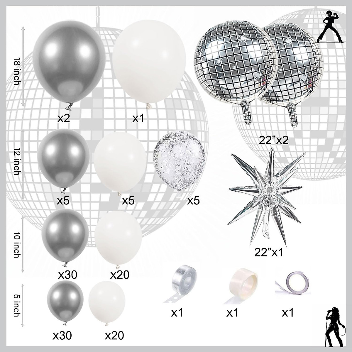 ECEAE Disco Party Balloon Garland Arch Kit 134 Pcs Metallic Silver Matte White Confetti Balloons Disco Balls Ideal for Adult Birthday Dancing Theme Decor Graduation Party Celebrity-Inspired Events