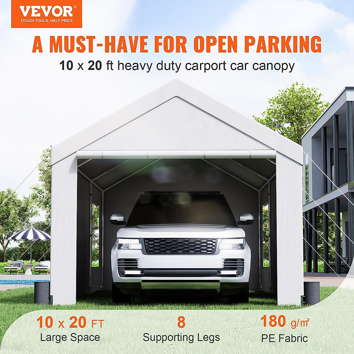 VEVOR Carport 10x20ft, Upgraded Version Car Canopy Portable Garage, Heavy Duty Car Port with Roll-up Ventilated Windows & Removable Sidewalls, UV Resistant Waterproof All-Season Tarp for SUV Truck
