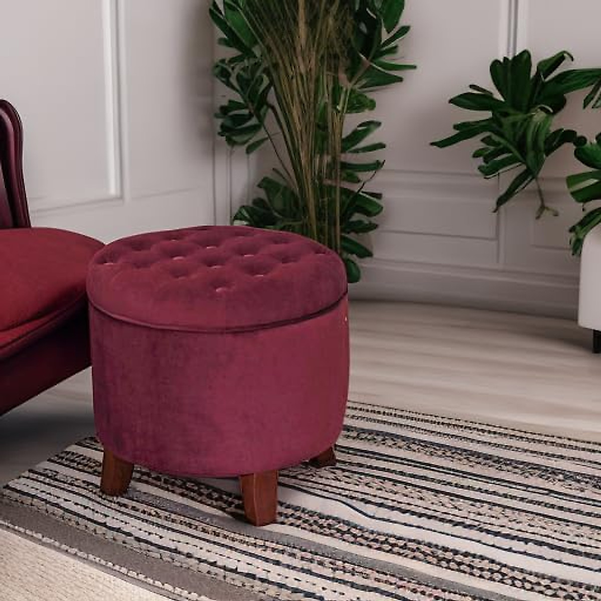 Homepop Home Decor | Upholstered Round Velvet Tufted Foot Rest Ottoman | Ottoman with Storage for Living Room & Bedroom | Decorative Home Furniture, Burgundy Small