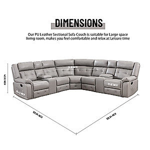 Nathaniel Home PU Leather Sectional Sofa Set with 2 Consoles Fashion Living Room Recliner Chair with Storage Box, L-Shaped Corner Couch with Cup Holders, Foggy Grey