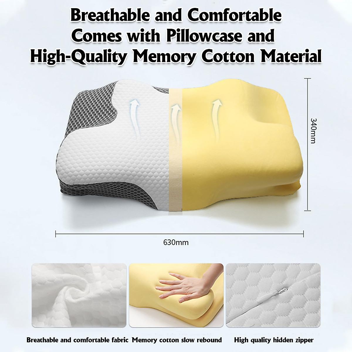 Cervical Pillow for Neck Pain Relief, Cervical Neck Pillow, Ergonomic Orthopedic Memory Foam Pillow with Pillowcase, Support Pillow for Side, Back, Stomach Sleepers (Gray)