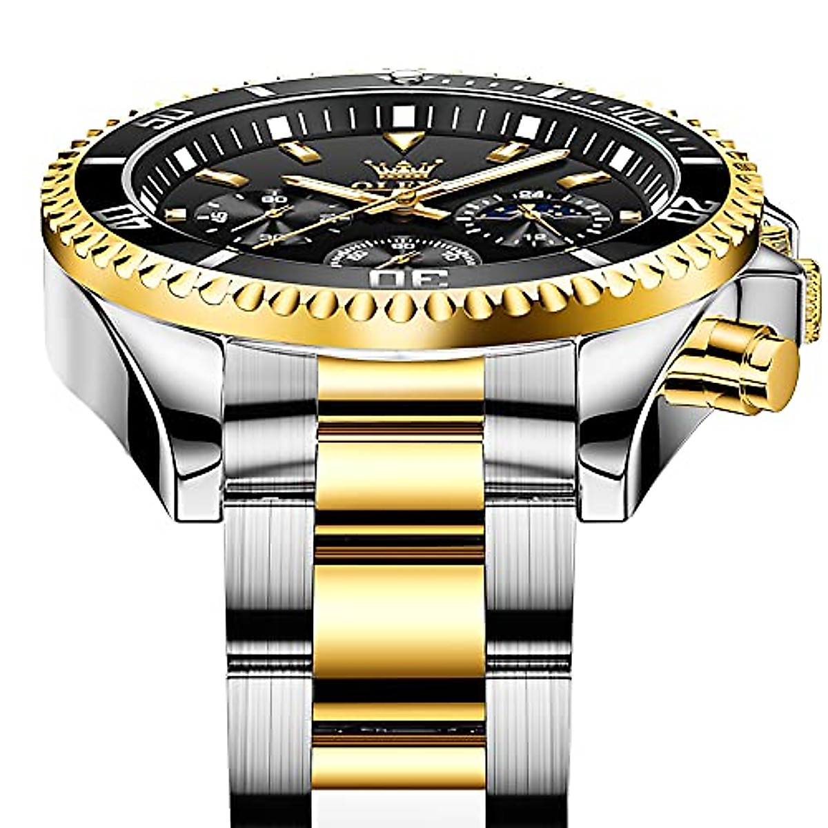 OLEVS Black Gold Watches for Men Classic with Date Business Dress Chronograph Big Face Reloj para Hombre Waterproof Luminous Mens Wrist Watch Analog Party Fashion Stainless Steel Man Watch