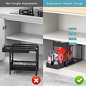 2 Pack Under Sink Organizers and Storage, 2 Tier Sliding Bathroom Organizer Under Sink, Adjustable Height Under Cabinet Organizer Basket with Hooks Hanging Cups, Shelf Organizer for Bathroom Kitchen