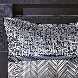 Madison Park Luxury Comforter Set-Traditional Jacquard Design All Season Down Alternative Bedding, Matching Bedskirt, Decorative Pillows, Queen(90"x90"), Rhapsody, Geometric Navy 7 Piece