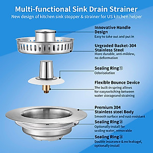 Upgraded 3 in 1 Kitchen Sink Drain Strainer - Stainless Steel Sink Stopper, Anti-Clogging Sink Food Catcher Basket, Fast Drainage Odor Filter Sink Plug for US Standard 3 1/2 inch Drain (Silver-1Pack)