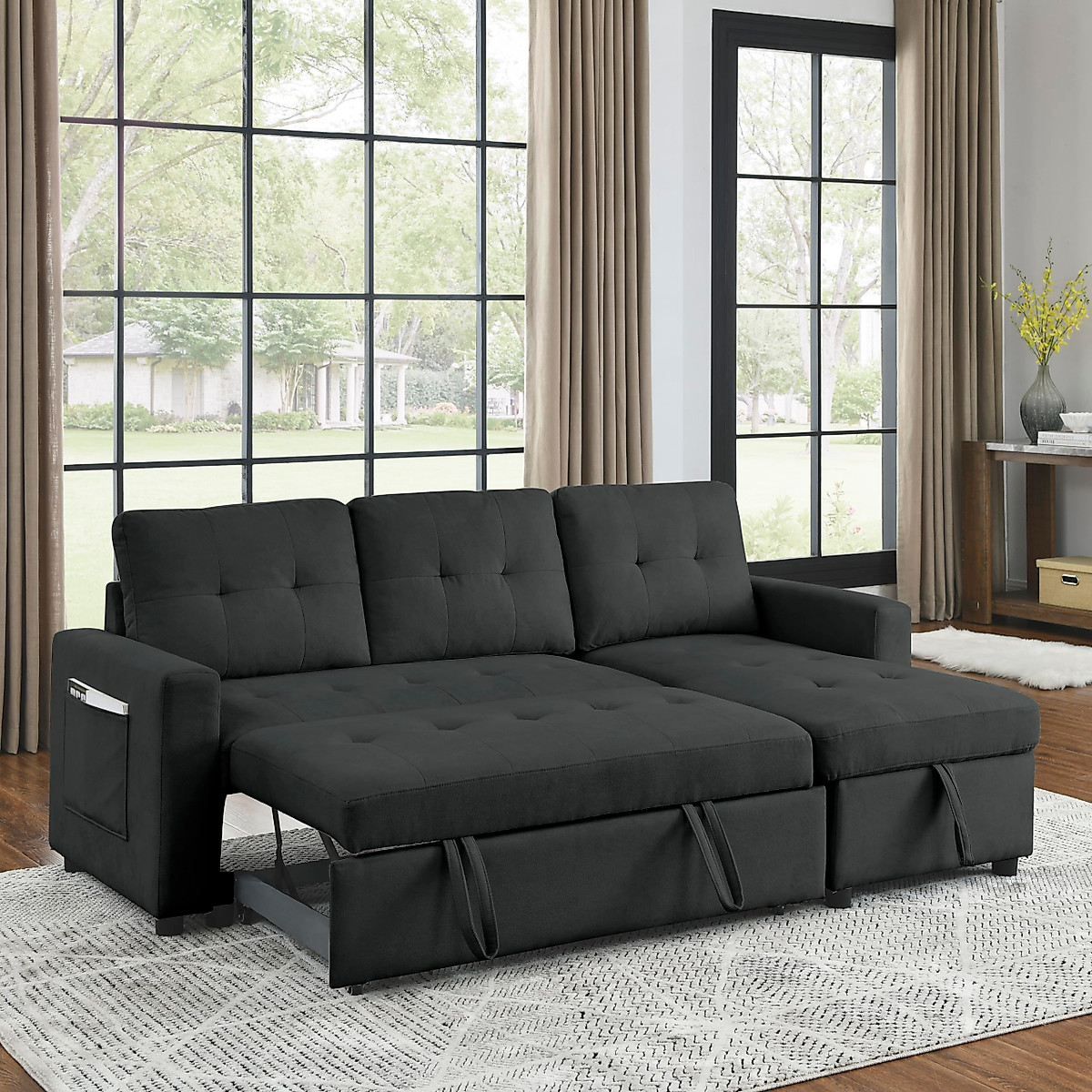 Pull Out Sleeper Sofa Convertible L-Shape Sofa Bed Reversible Sectional Couch with Storage Chaise and Side Storage Bag, Living Room Sofa Set for Living Room (Black)
