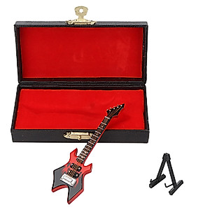3.9in Miniature Bass Model, Dollhouse Mini Musical Instrument Guitar Model With Stand and Case (10cm Red Pointed Electric Bass)