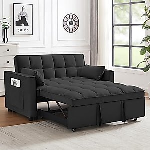 Lin-Utrend 55''Convertible Sleeper Sofa Couch with Adjustable Backrest, Modern Velvet 2 Seater Sofa with Pull-Out Bed with 2 Pillows, Small Love Seat Lounge Sofa Bed for Small Space (Black)