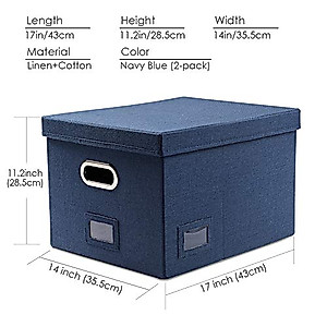 PRANDOM File Organizer Box - Set of 2 Collapsible Decorative Linen Filing Storage Hanging File Folders with Lids Office Cabinet Letter/Legal Size Navy Blue (17x14x11.2 inch)