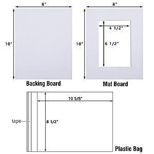 Acid-Free 5 Pack 8x10 Pre-Cut Mat Board Show Kit for 5x7 Photos, Prints or Artworks, 5 Core Bevel Cut Matts and 5 Backing Boards and 5 Crystal Plastic Bags, White