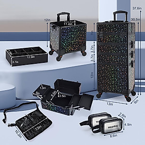 Stagiant Rolling Makeup Case 4 in 1 Cosmetology Case on Wheels Makeup Travel Case with Brush Waist Bag Key Swivel Wheels Salon Barber Case Traveling Cart Trunk Cosmetic Trolley Balck Star