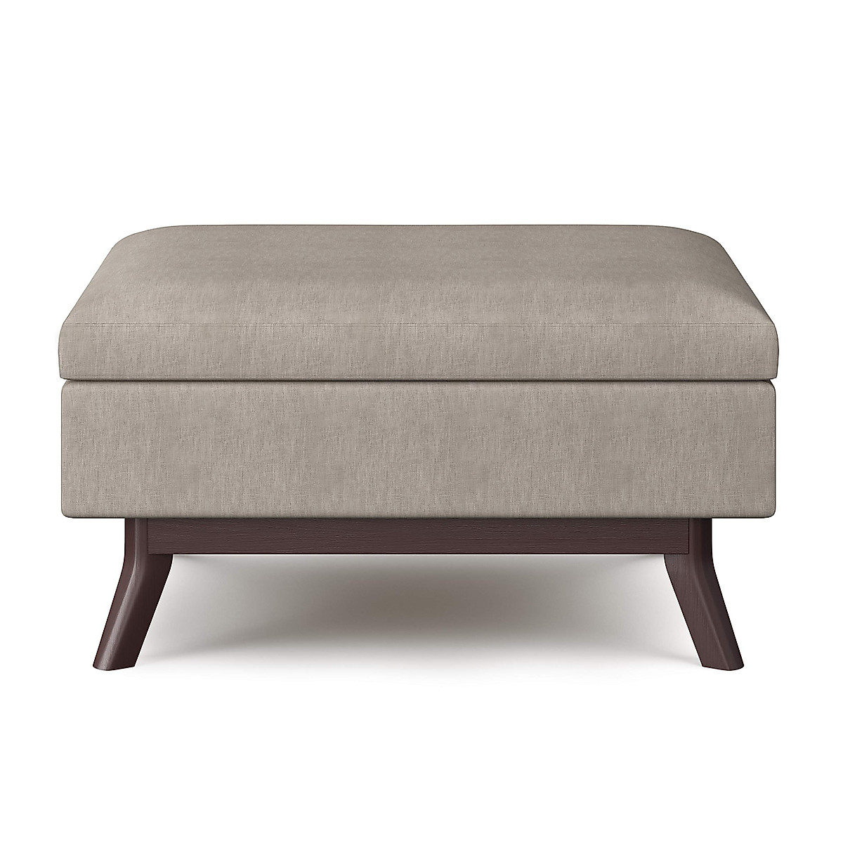 SIMPLIHOME Owen 34 inch Wide Mid Century Modern Rectangle Coffee Table Storage Ottoman in Natural Linen Look Fabric, Assembled, for the Living Room, Entryway and Family Room