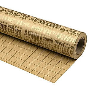 RUSPEPA Kraft Wrapping Paper Roll - Gold Happy Birthday Pattern Great for Birthday, Party, Baby Shower - 17.5 Inches X 32.8 Feet