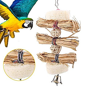 Parrot Chew Toy, Funny Natural Straw Bird Chewing Toy Parrot Cage Hanging Climbing Toy with Bell Straw Bird Chewing Toy
