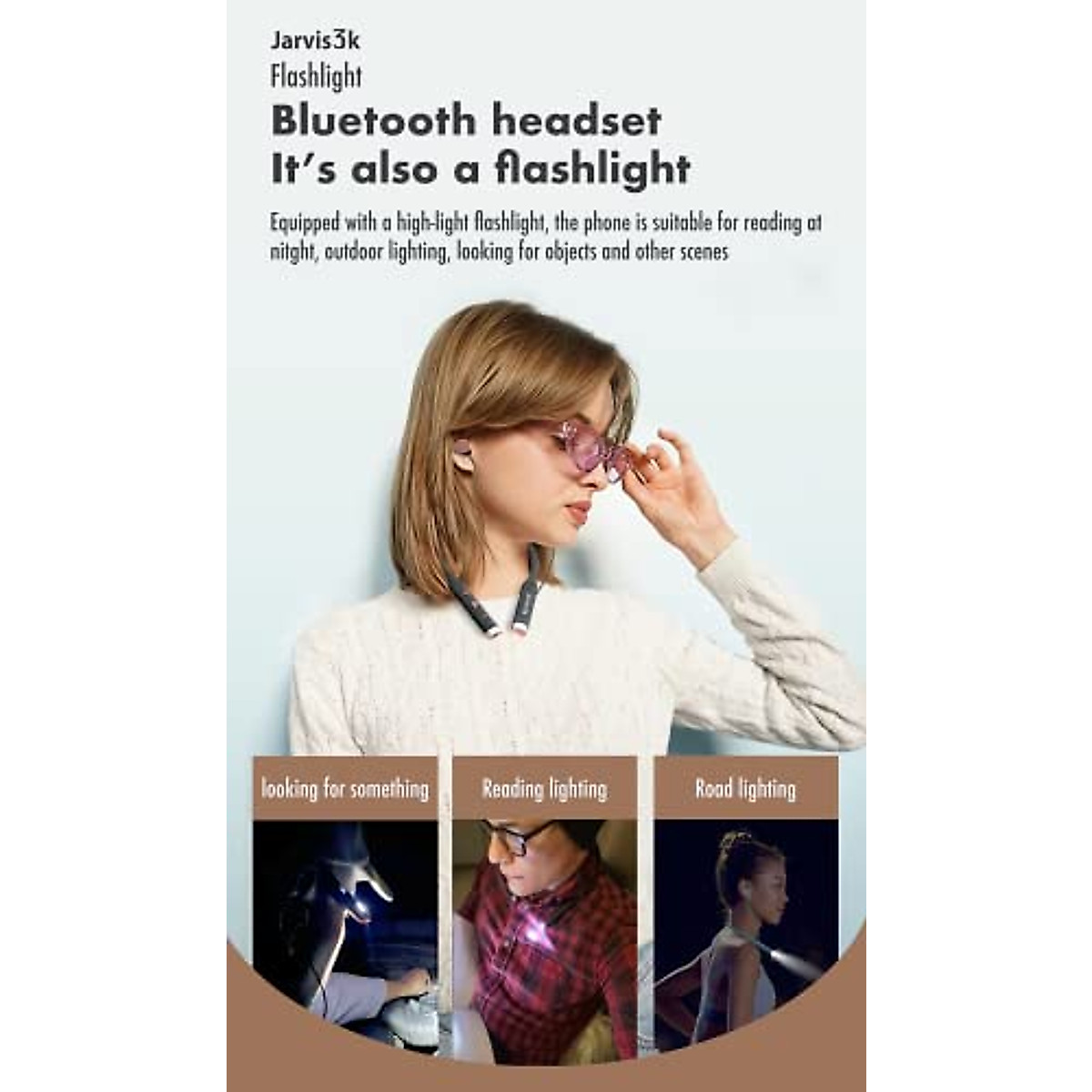 Jarvis 3k Flashlight Wireless Headphone Neckband Reading Light With Bluetooth Earbuds (Pink)
