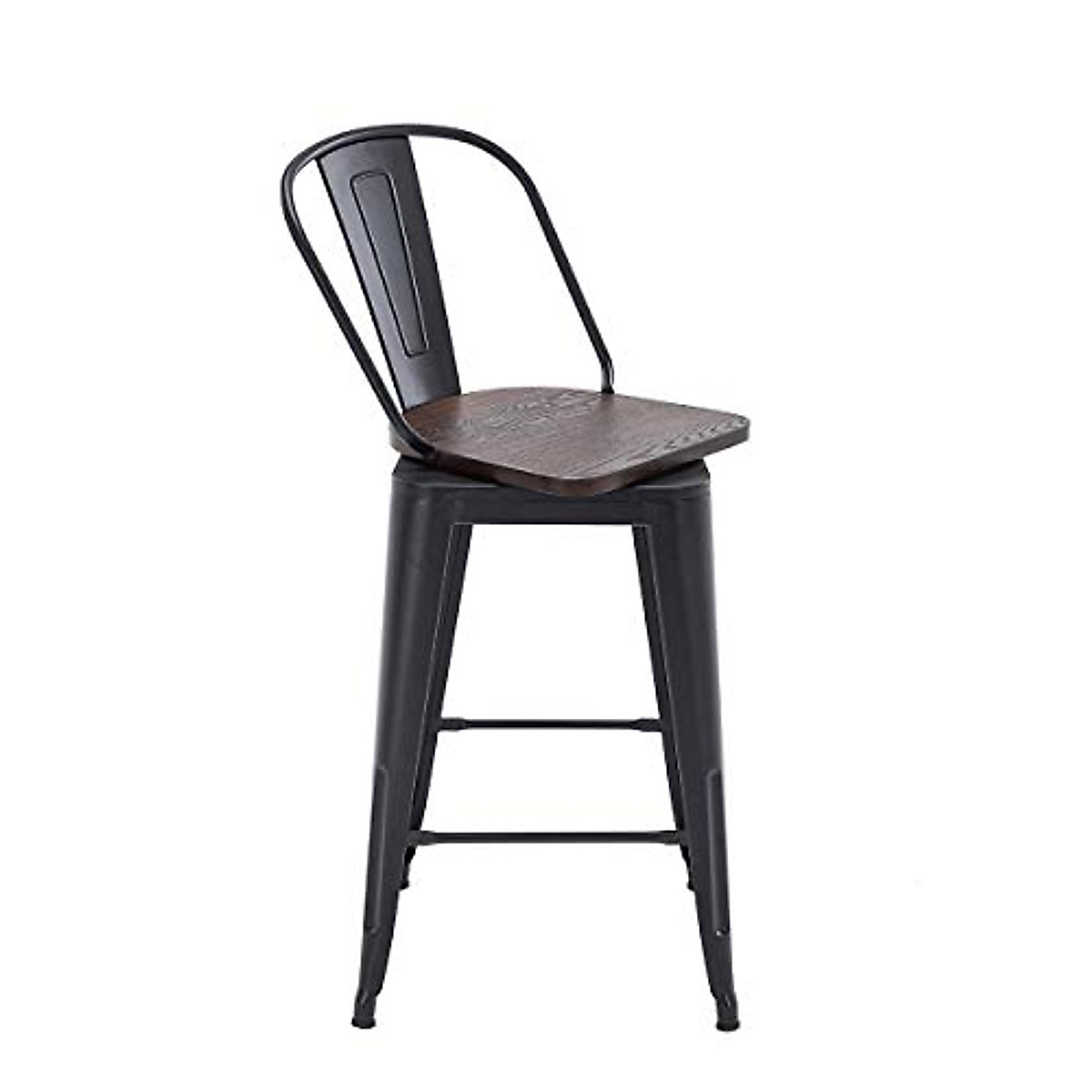 Alunaune 24" Swivel Metal Bar Stools Set of 4 High Back Counter Height Barstools Industrial Dining Bar Chairs with Large Wooden Seat-Matte Black