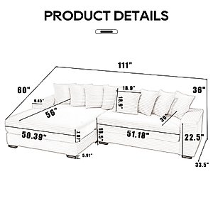 Fefances Spacious Two-Section Left-Oriented Modular L-Shaped Corduroy Sectional Couch for Living Spaces, 111" Upholstered Convertible Chaise Sofa & Chaise Lounge with Daybed Functionality,Beige/R.