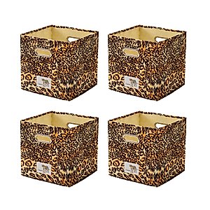 BeigeSwan Foldable Animal Leopard [Set of 4] Cube Storage Bins, Collapsible Fabric Organizer Container Boxes w/ Handles – 11 x 11 x 11 Inches