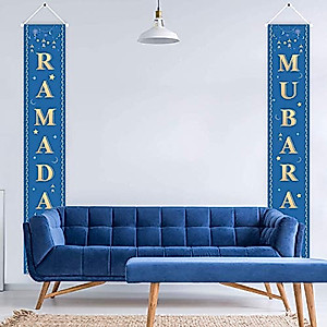 HONGFENG Ramadan Mubarak Porch Sign,Eid Mubarak Banner Indoor Outdoor Front Door Hanging Sign for Ramadan Mubarak Party Decoration (Blue)