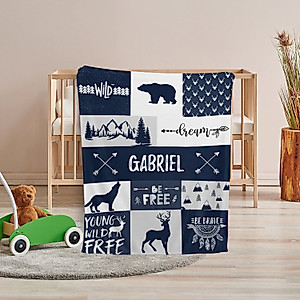 MeMate Personalized Woodland Baby Blankets, Baby Woodland Blanket Custom Name, Deer Baby Blankets for Boys Girls, Baby Bear Wolf Blanket for Baby Shower Newborn Infant Son Toddlers