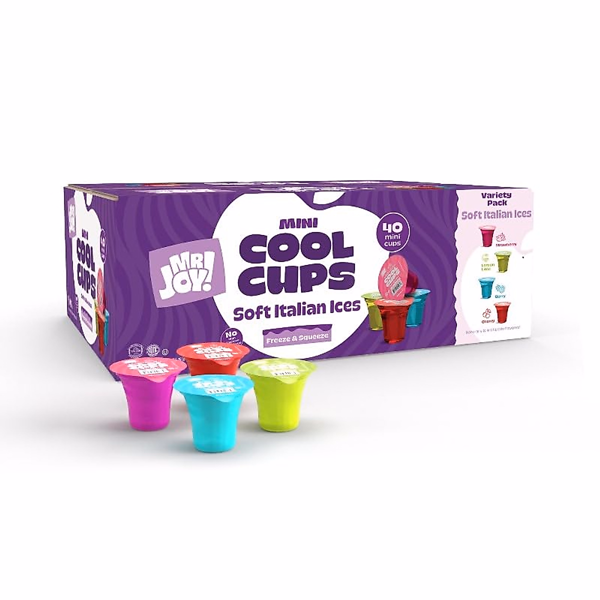 Mr. Joy Soft Italian Ices -Ships Non Frozen Assorted Flavors Mini Cool Cups Variety Pack (40 x 1.34oz) - Freeze & Enjoy - 40 Pantry-safe Mini Italian Ices Dessert Cups (1 Box (40 Cups))