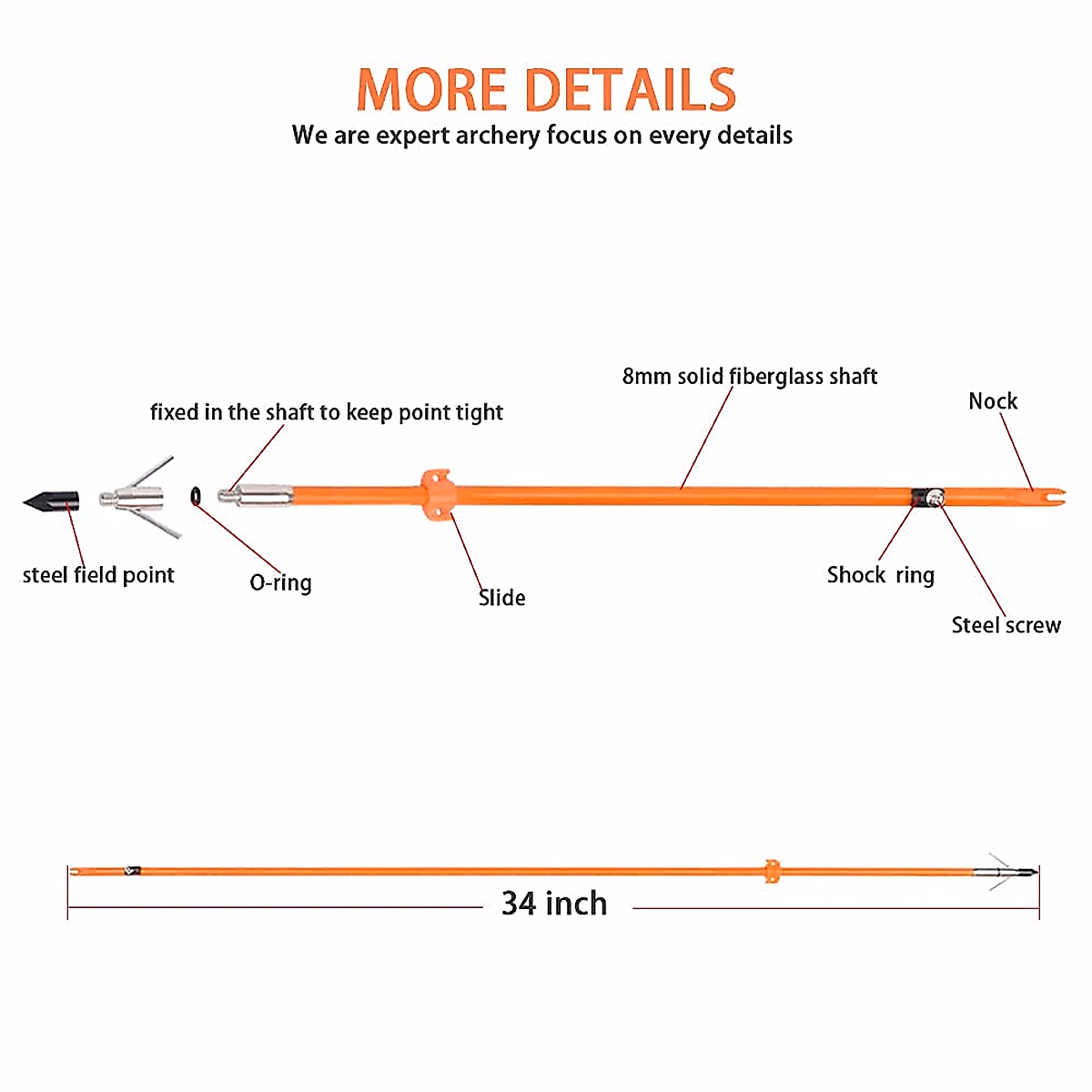 Bowfishing Arrows 34inch Solid Fiberglass Shaft with Broadhead for Compound Bow Recurve Bow Fishing Arrow Archery Hunting (Pack of 6)