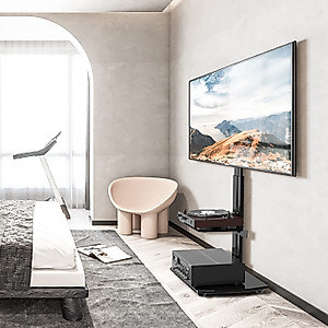 5Rcom Universal TV Floor Stand with 2 Shelves for 27 32 37 42 47 50 55 65 inch Tall LCD LED Flat or Curved Screens TVs Skinny TV Stand with Swivel Mount and Height Adjustable, Black