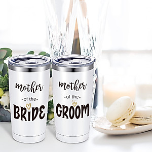 Cunhill 2 Pieces Mother of the Groom Mother of the Bride Mug Tumblers Wedding Gift for Engagement Announcement Party Insulated Tumbler Stainless Steel with Lid Straw Brush (White,Straight Style)