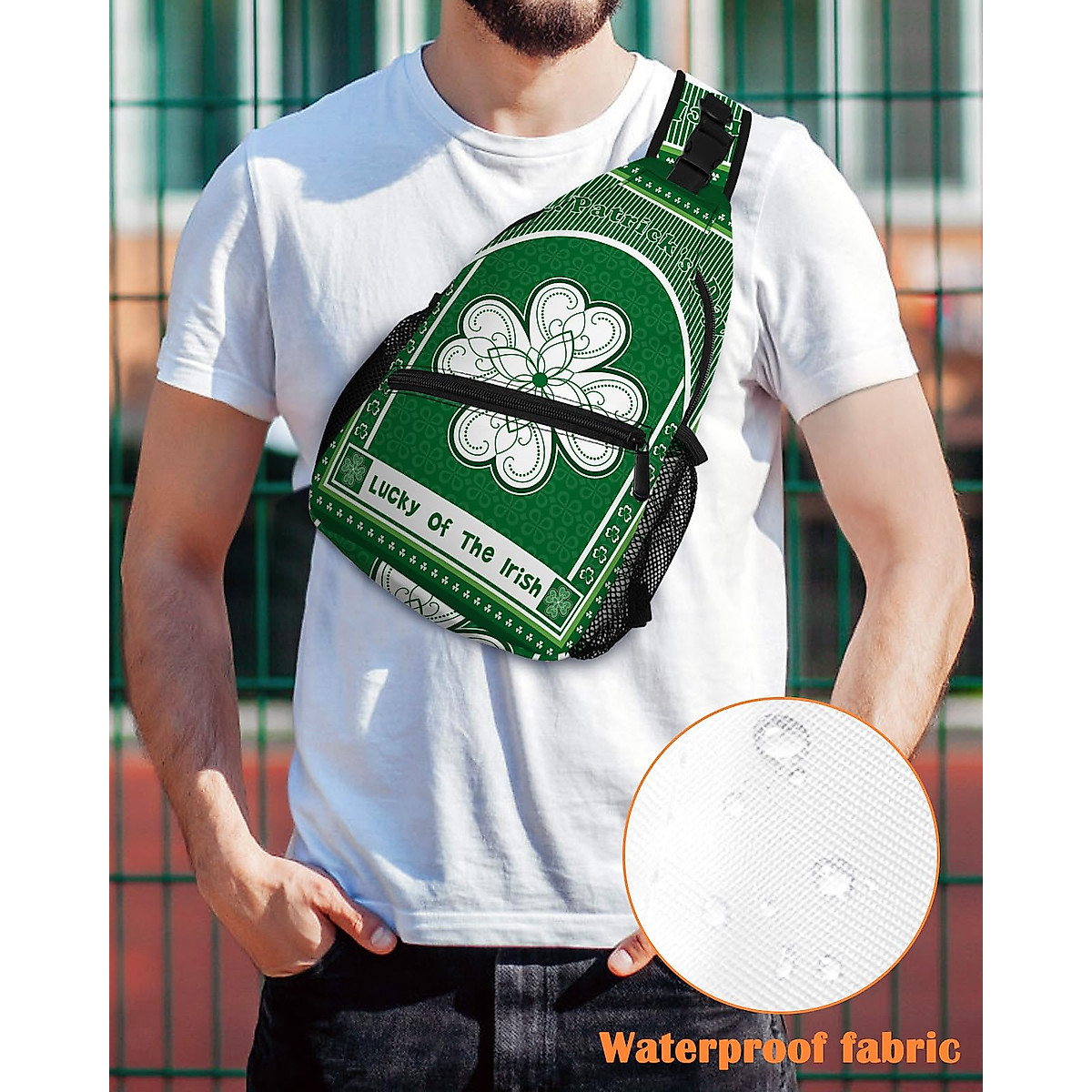 Sling Backpack, St. Patrick's Day Lucky Irish Green White Shamrock Waterproof Lightweight Small Sling Bag, Travel Chest Bag Crossbody Shoulder Bag Hiking Daypack for Women Men