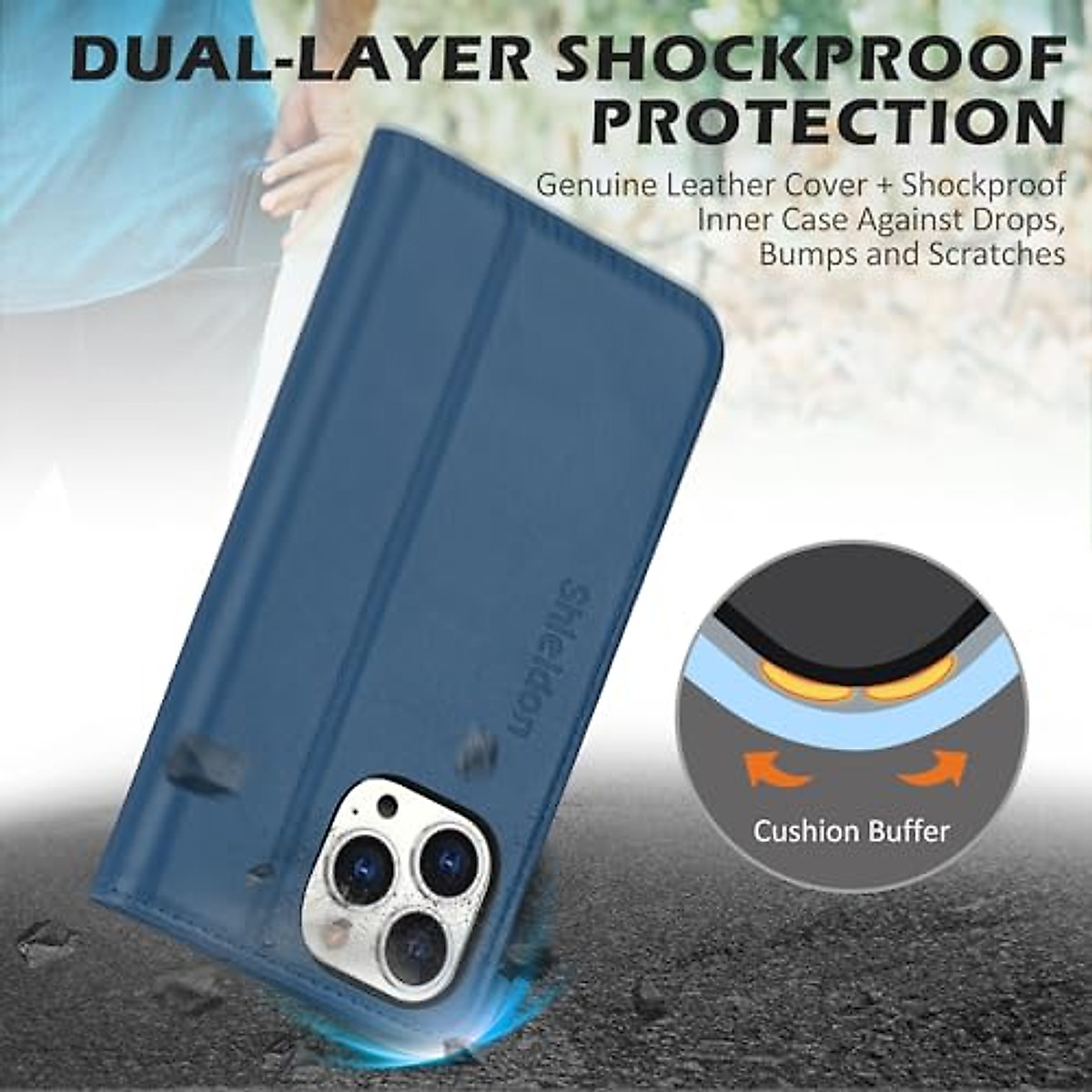 SHIELDON Wallet Case for iPhone 15 Pro Max 6.7", Genuine Leather Wallet Flip Magnetic RFID Blocking Credit Card Slot Kickstand Shockproof TPU Shell Case Compatible with iPhone 15 Pro Max - Royal Blue