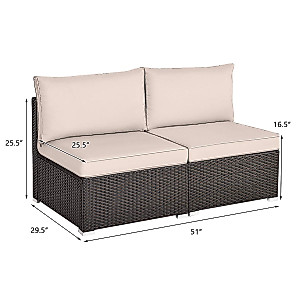 HAPPYGRILL 2PCS Patio Armless Sofa Set Outdoor Rattan Wicker Sectional Sofa Chairs with Cushions for Garden Balcony Patio Poolside