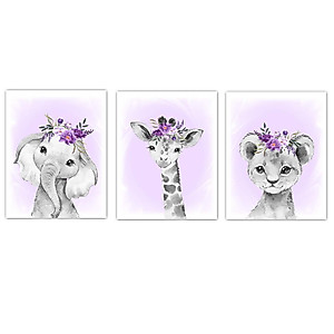 Baby Girl Nursery Art Purple Elephants Giraffe Lion Flowers Wall Decor 3 UNFRAMED PRINTS